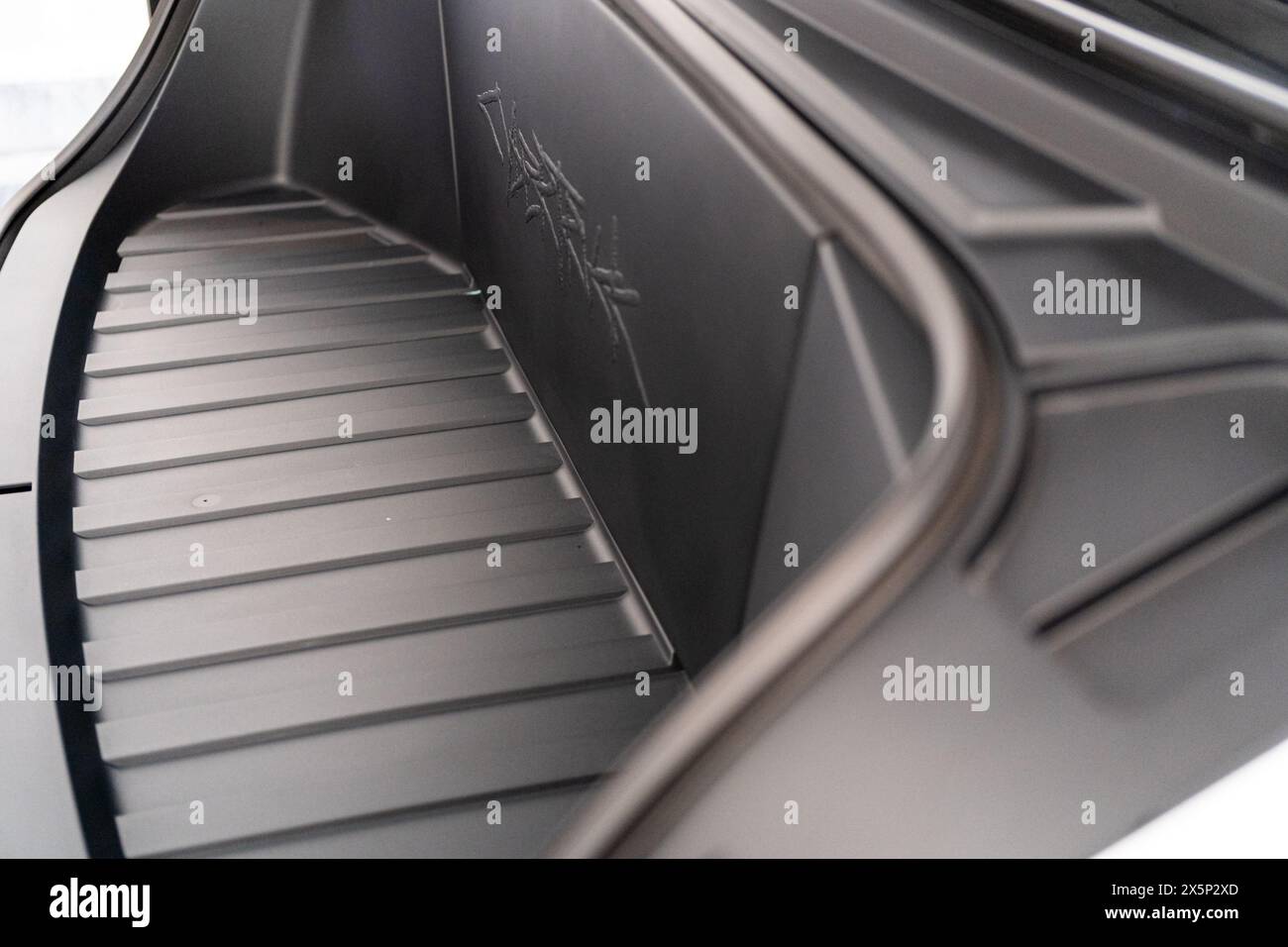 Engraved Logo Detail Inside the Open Frunk of a Tesla Cybertruck Stock ...