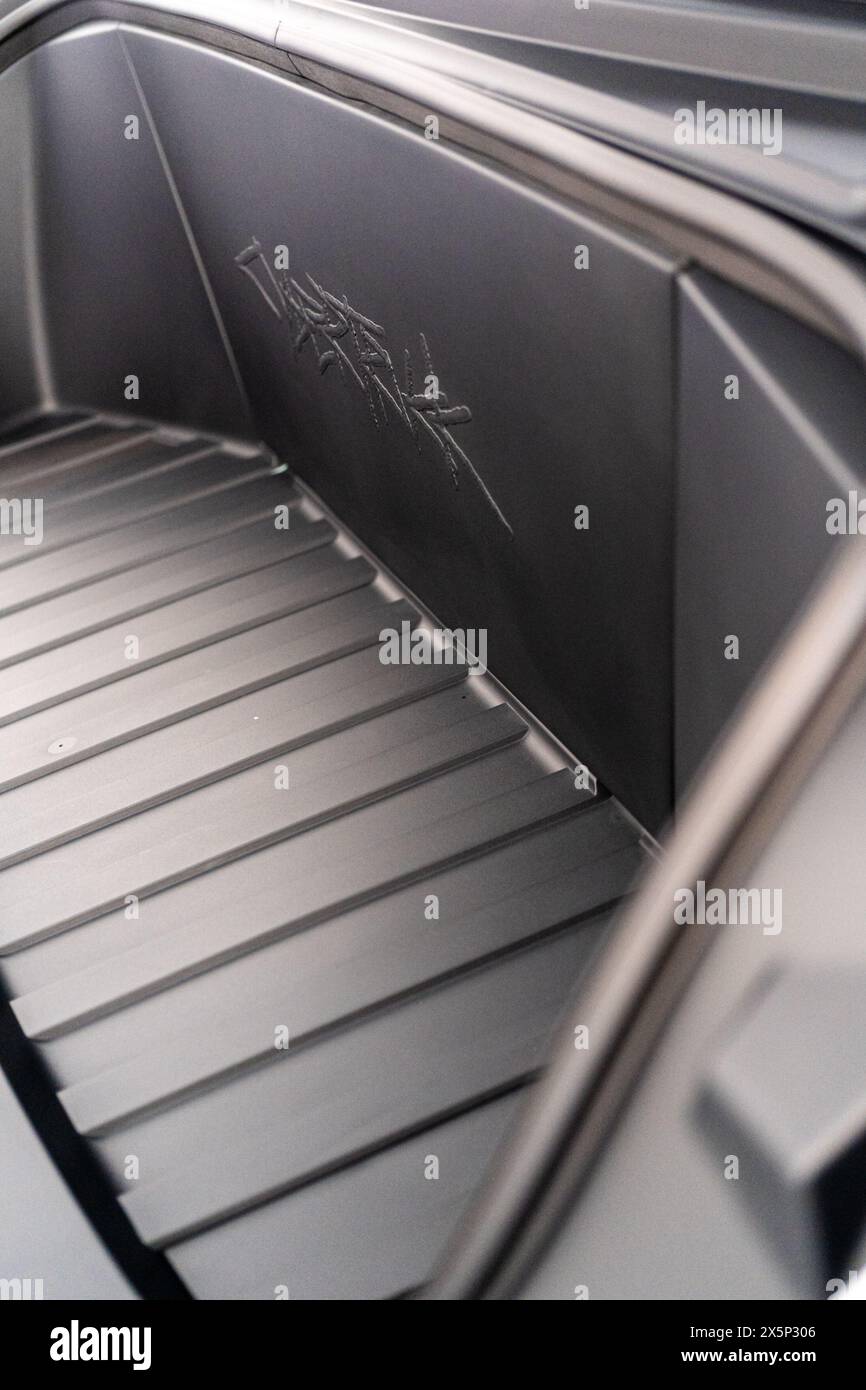 Engraved Logo Detail Inside the Open Frunk of a Tesla Cybertruck Stock ...