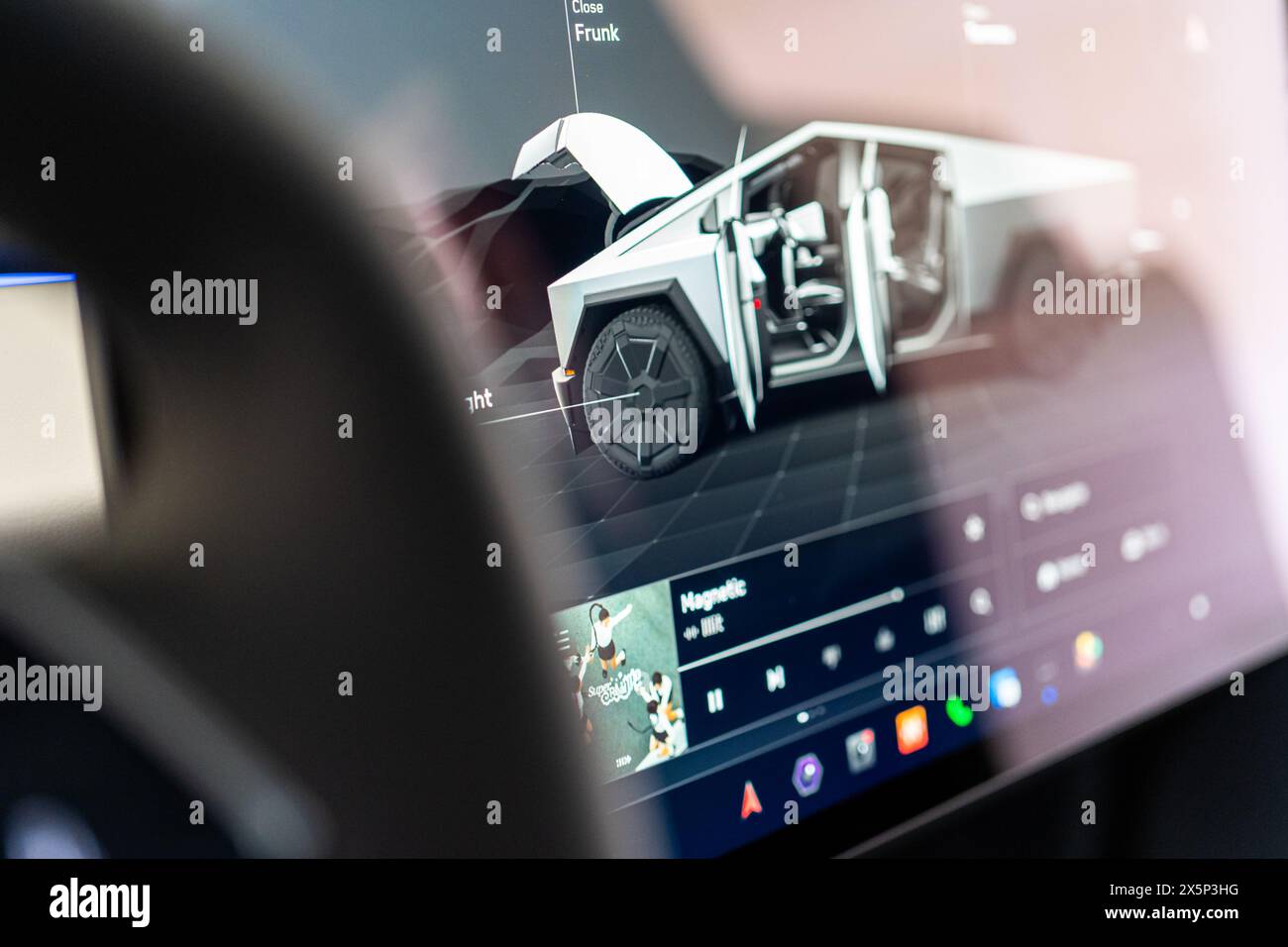 Interior view of a Tesla Cybertruck with touchscreen display Stock ...