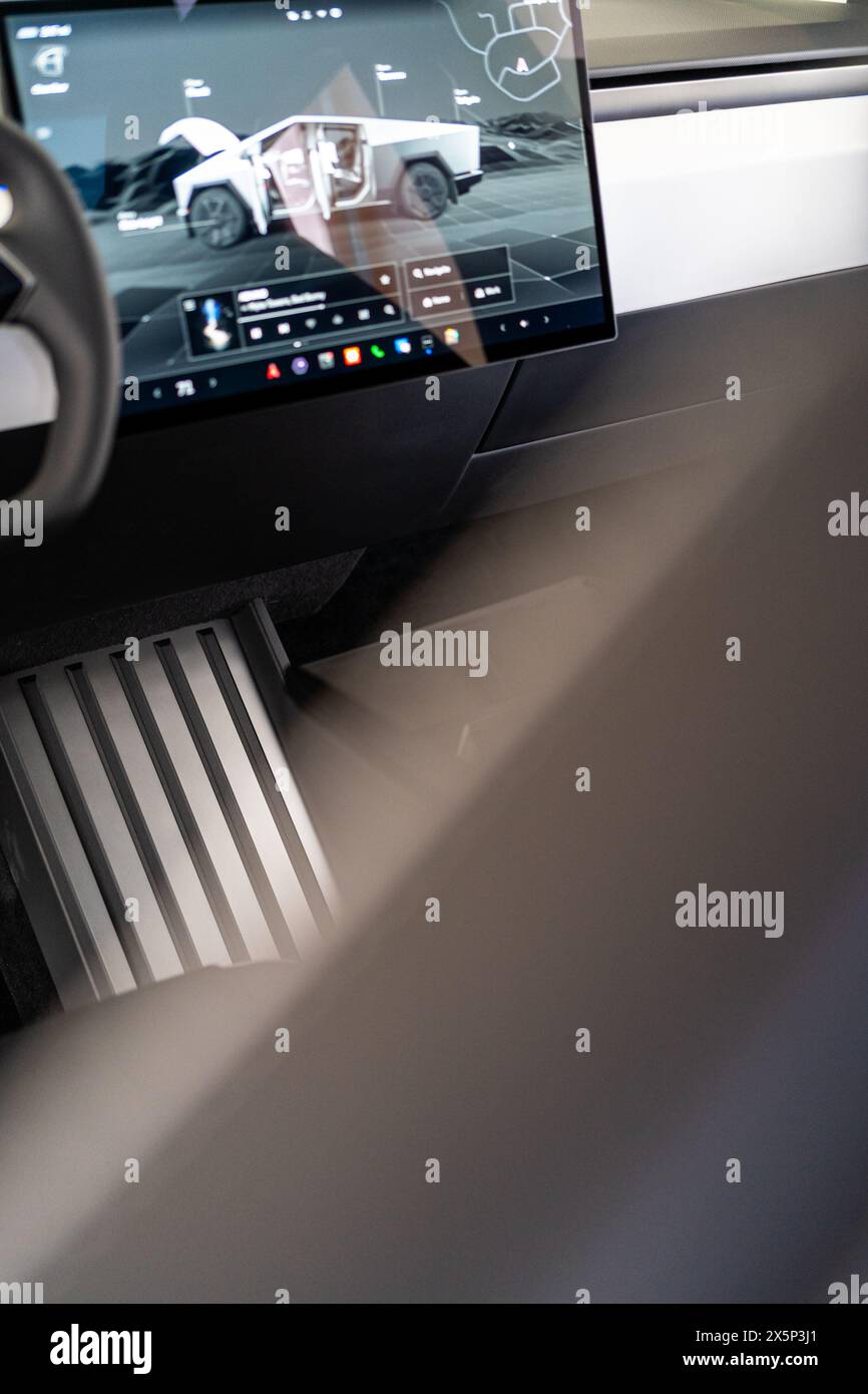 Interior view of a Tesla Cybertruck with touchscreen display Stock ...
