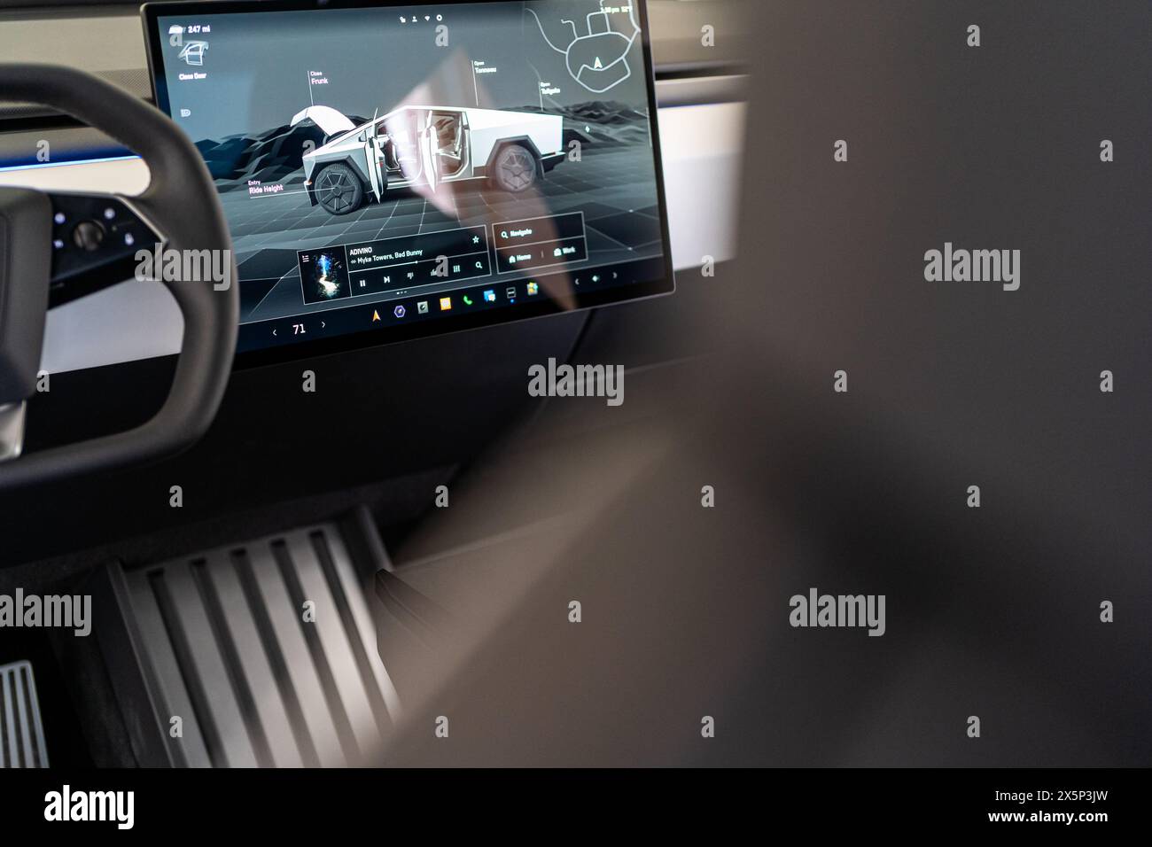 Interior view of a Tesla Cybertruck with touchscreen display Stock ...