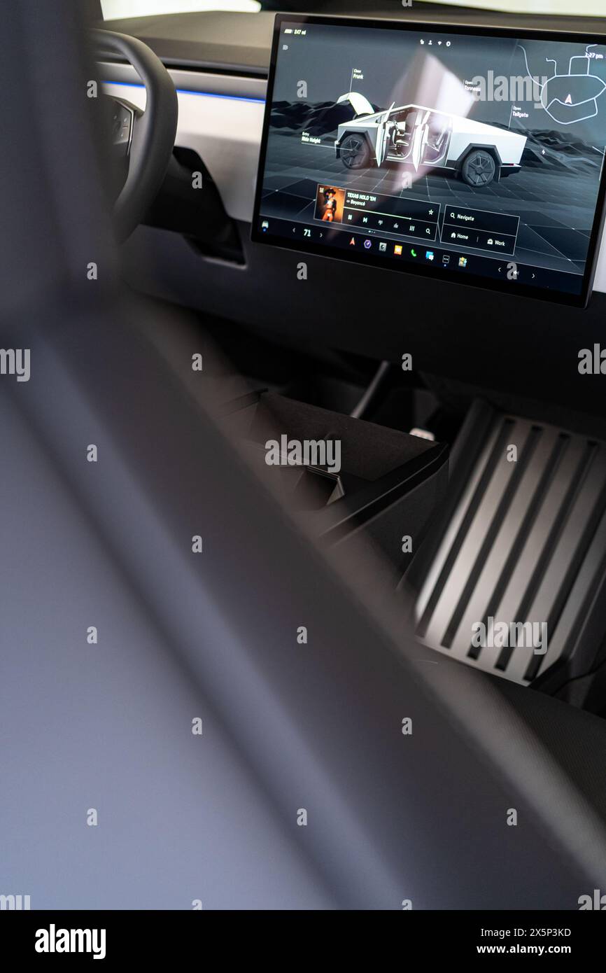 Interior view of a Tesla Cybertruck with touchscreen display Stock ...