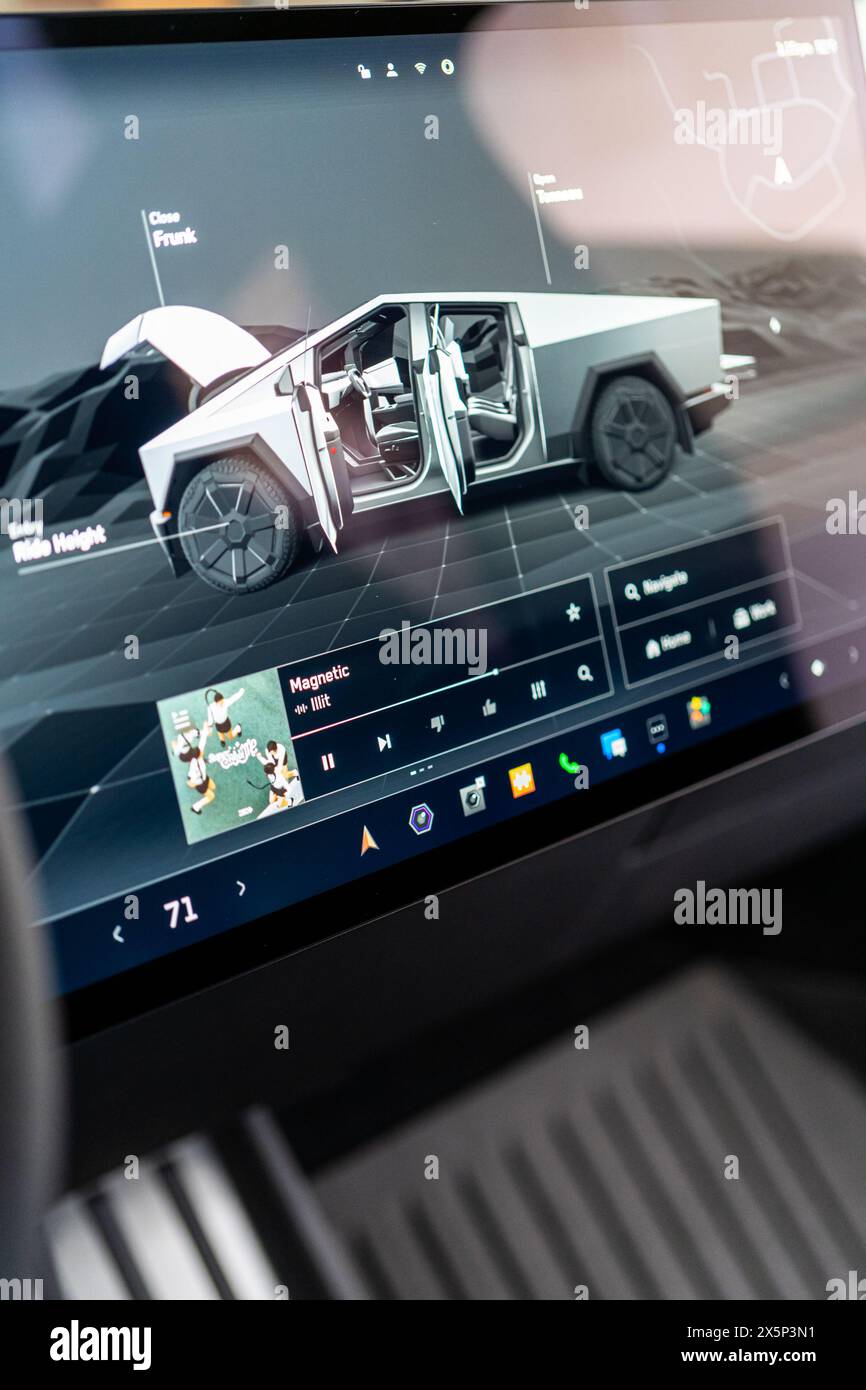 Interior view of a Tesla Cybertruck with touchscreen display Stock ...
