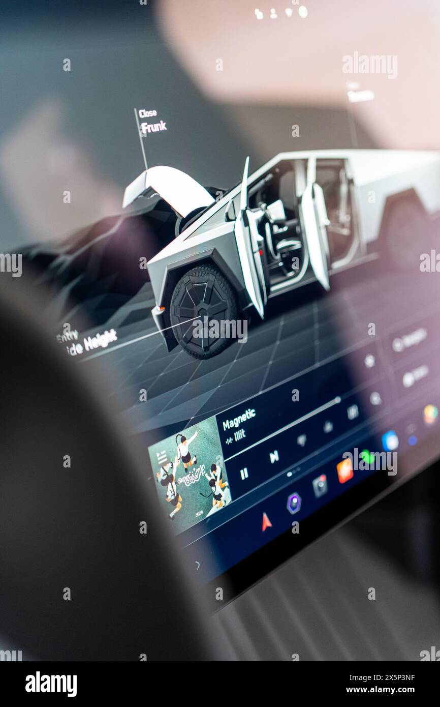 Interior view of a Tesla Cybertruck with touchscreen display Stock ...