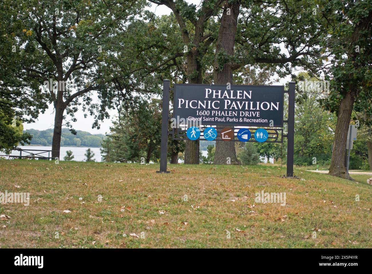 Sign noting the location of the Phalen Picnic Pavilion overlooking Lake ...