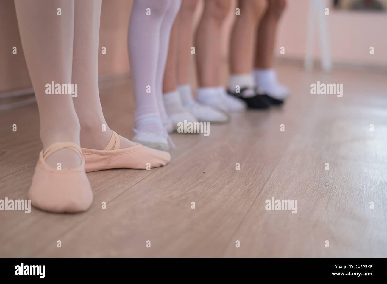 Close-up of feet of 5 little girls and teacher at ballet class Stock ...