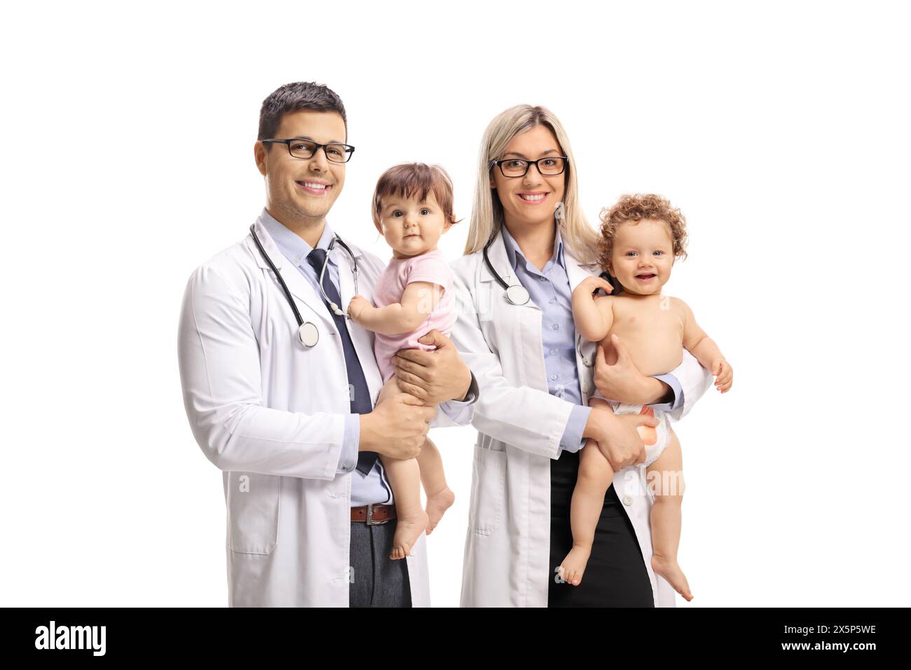 Pediatric specialist doctors with babies isolated on white background ...