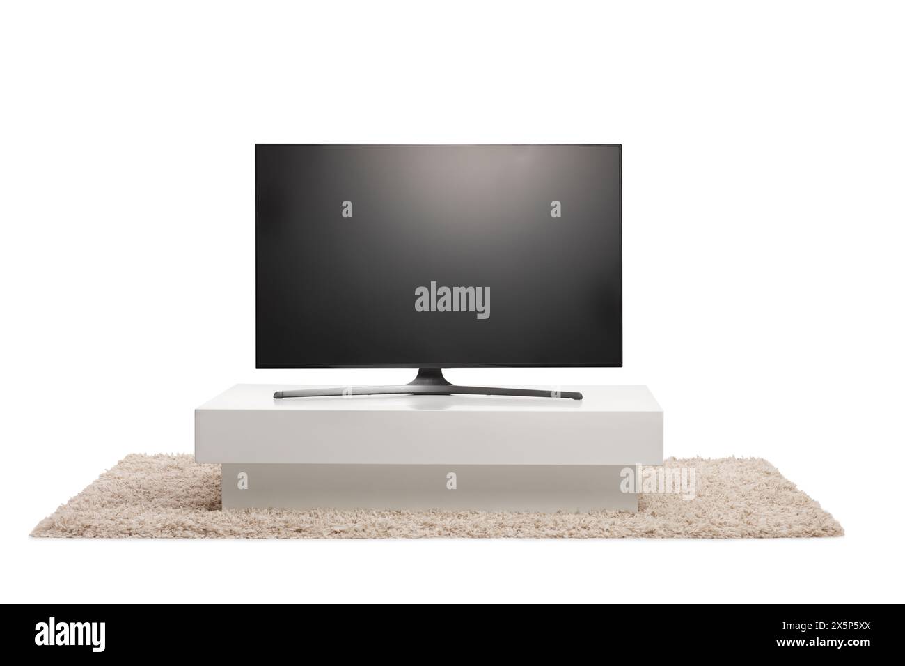 Tv screen on a white television stand isolated on white background ...