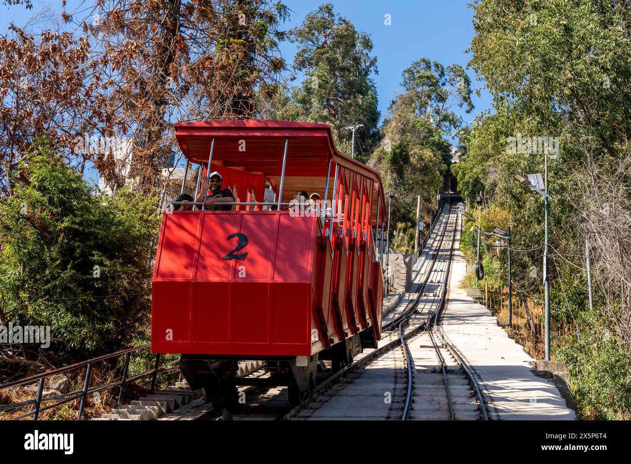Tourists Take The Funicular To The Top Of Cerro San Cristobal, Santiago ...
