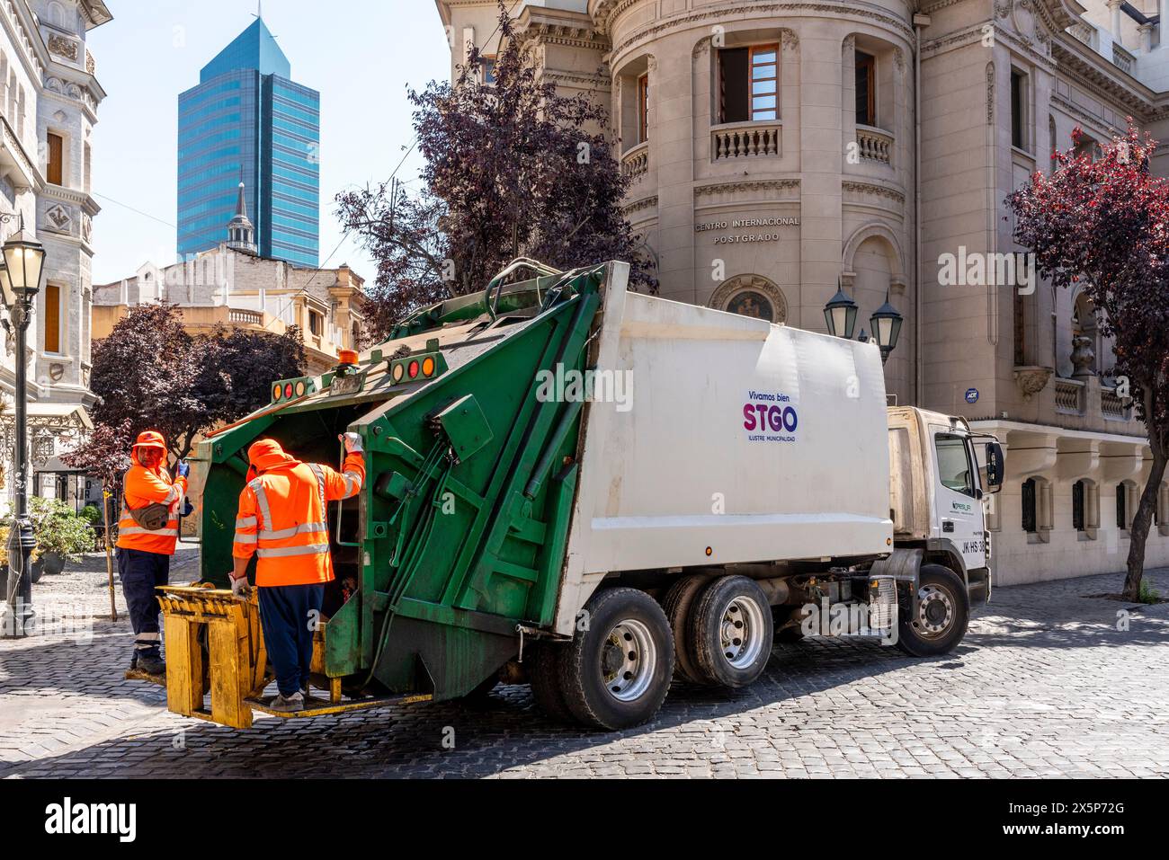Rubbish Collection Truck and City Workers, Santiago, Chile Stock Photo ...