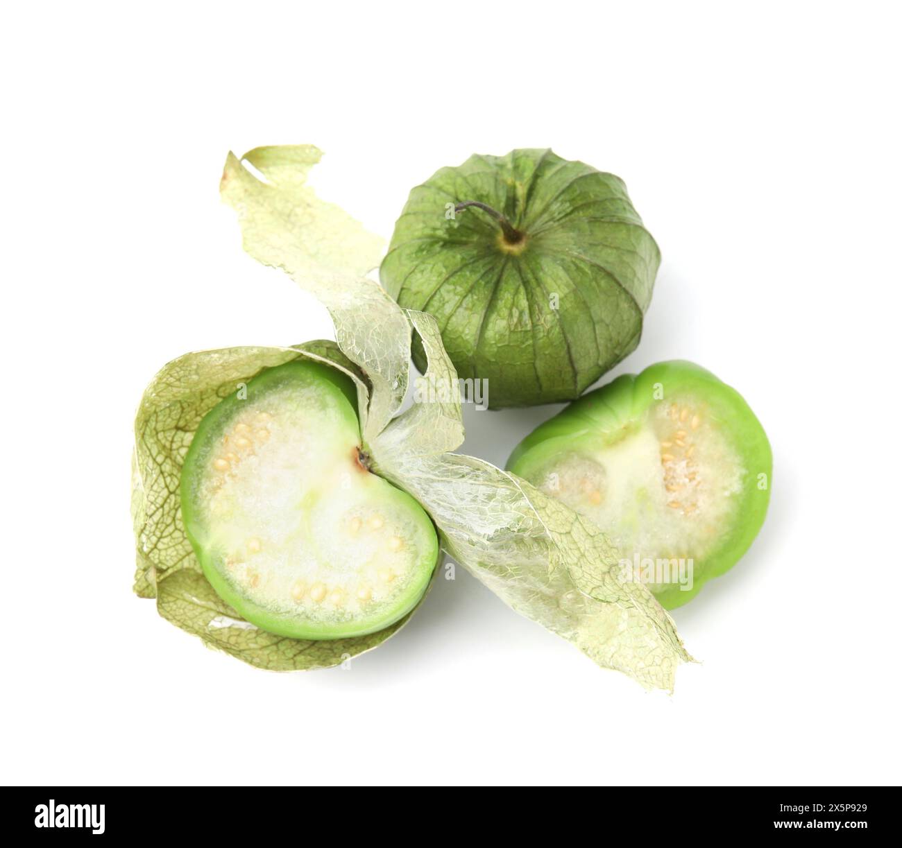 Fresh green tomatillos with husk isolated on white, top view Stock ...