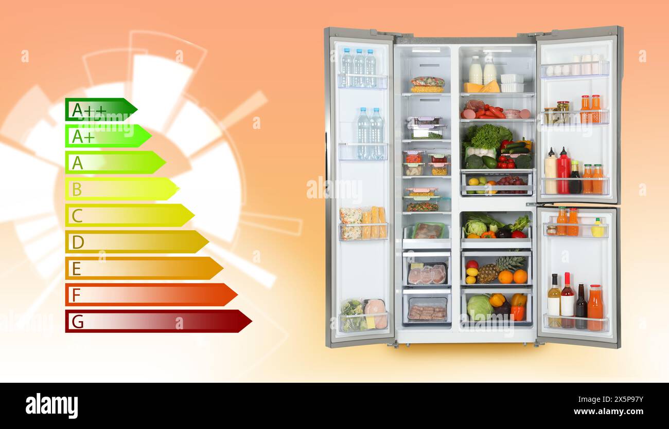 Energy efficiency rating label and open refrigerator on gradient color ...
