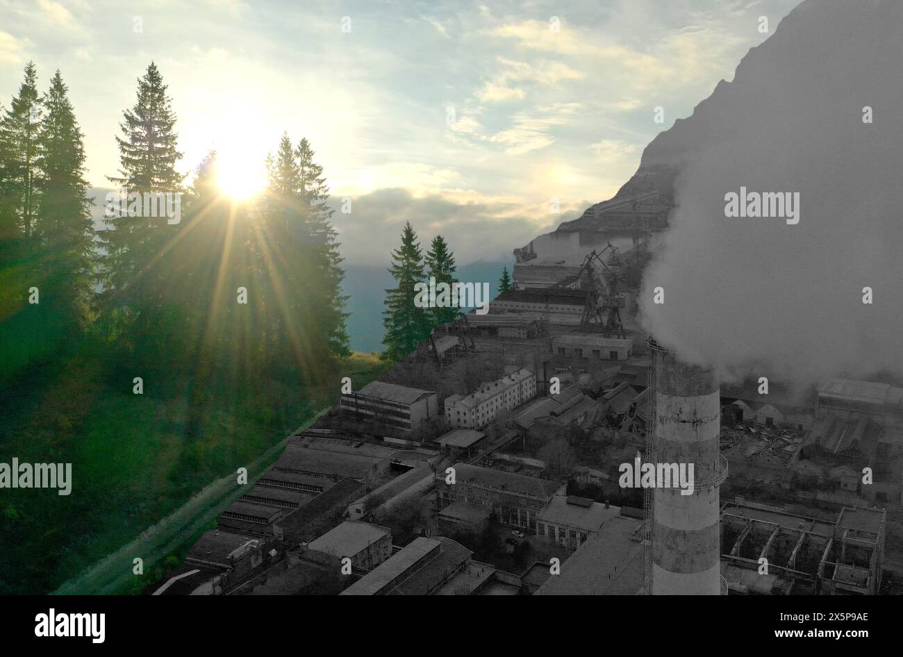 Environmental pollution. Collage divided into mountain landscape and ...