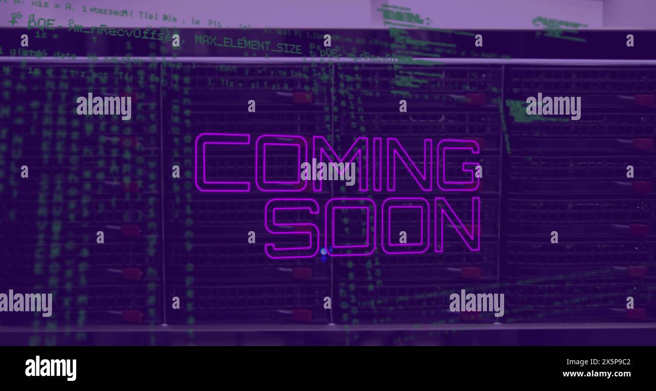 COMING SOON in purple pops amidst blurry code background Stock Photo ...