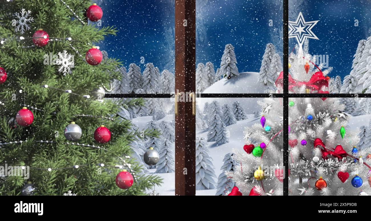 Snow falling gently on decorated Christmas trees against wintry forest ...