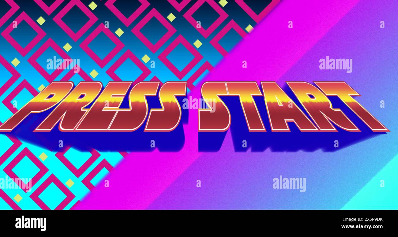 Bright colors highlight PRESS START against retro pattern background ...