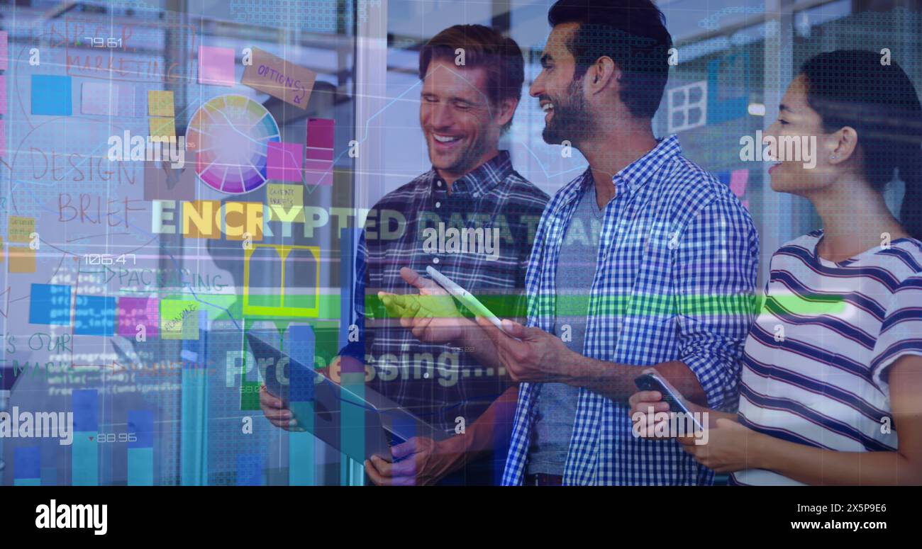 Diverse group of friends, looking at digital screen with graphics Stock ...