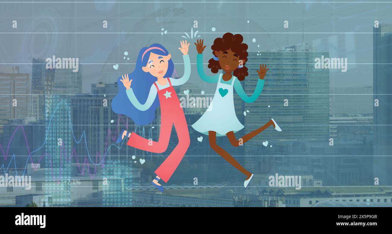 Two animated girls are jumping with joy in front of city backdrop Stock ...