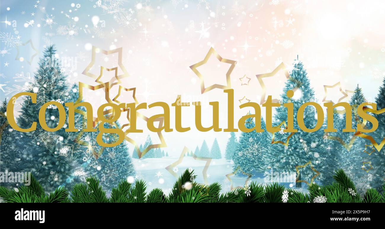 Golden Congratulations text stands out against snowy landscape Stock ...