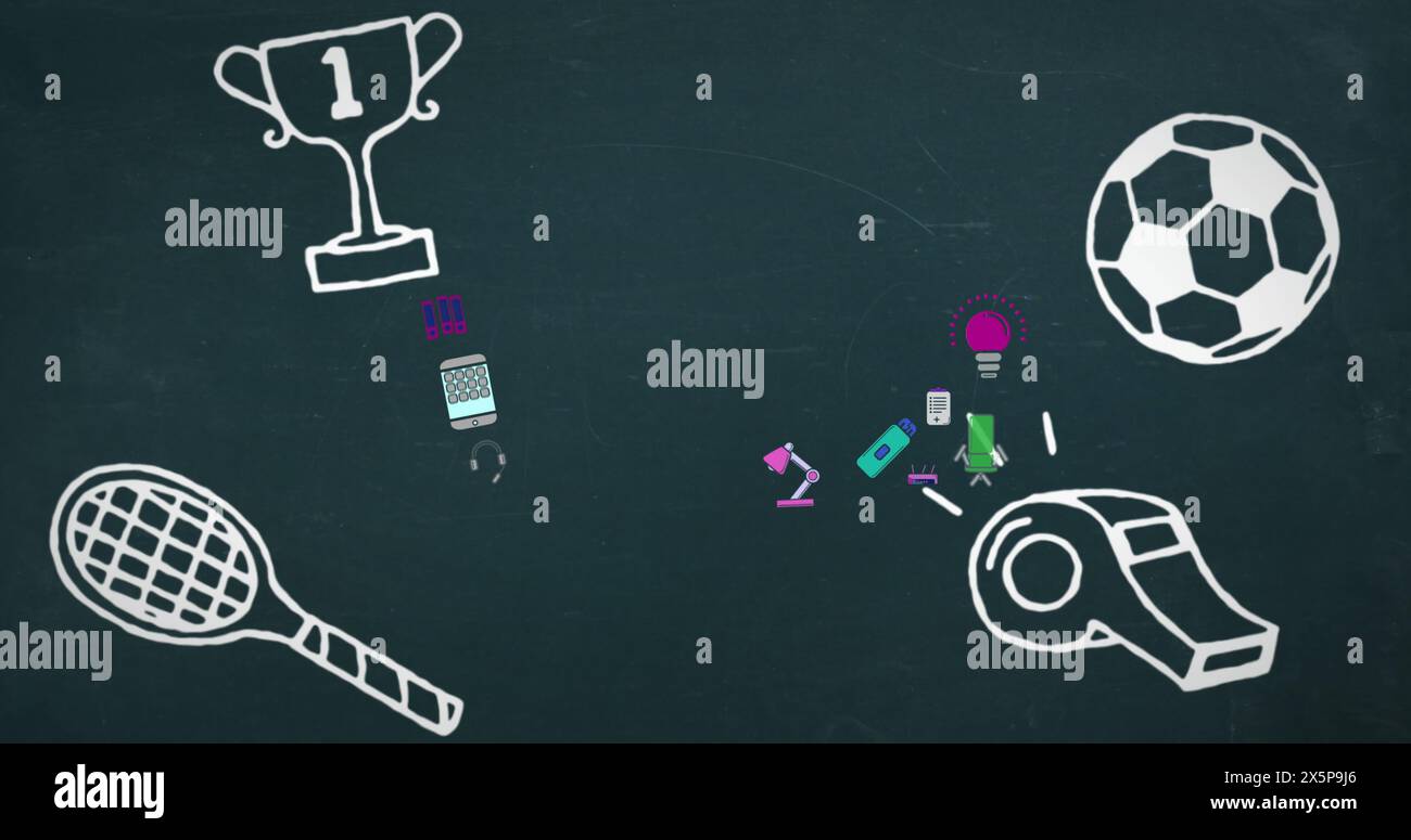 Chalk drawings of sports equipment cover blackboard Stock Photo - Alamy