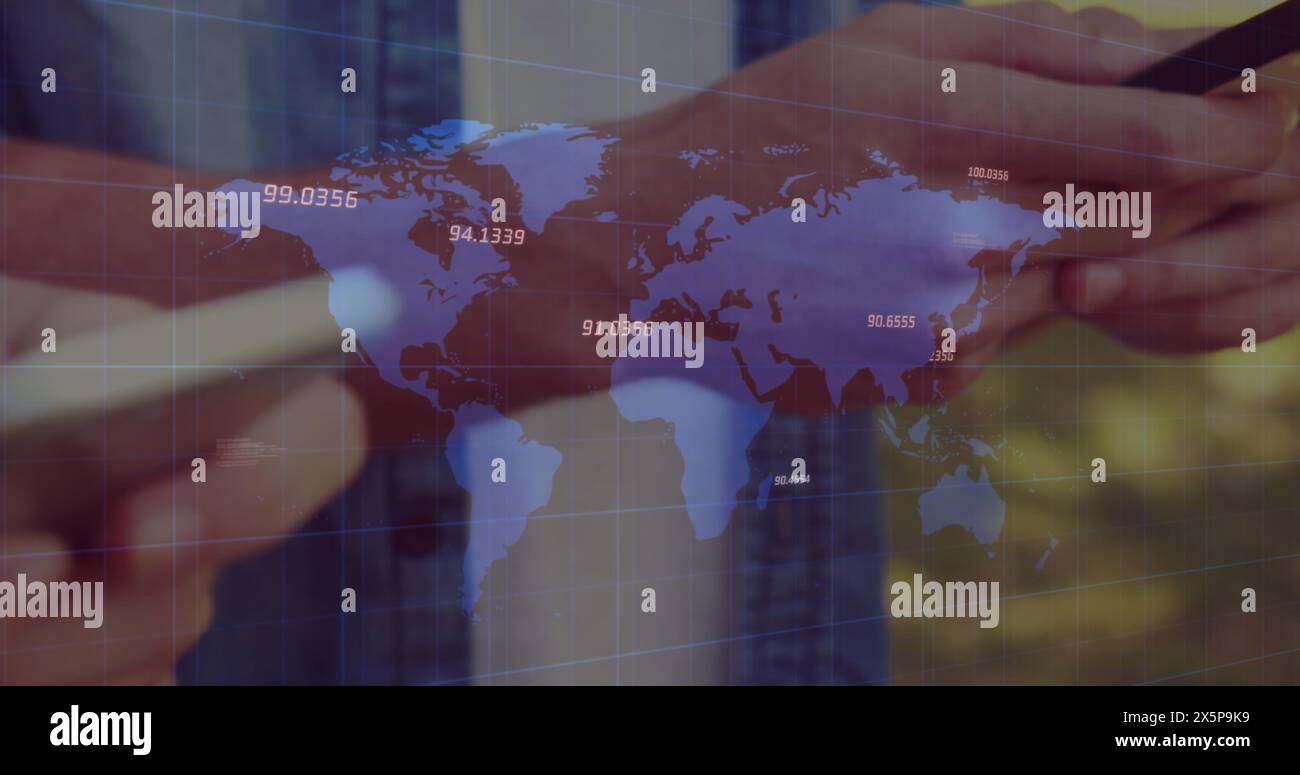 Multiple numbers floating over world map against mid section of people ... Multiple numbers floating over world map against mid section of people ...