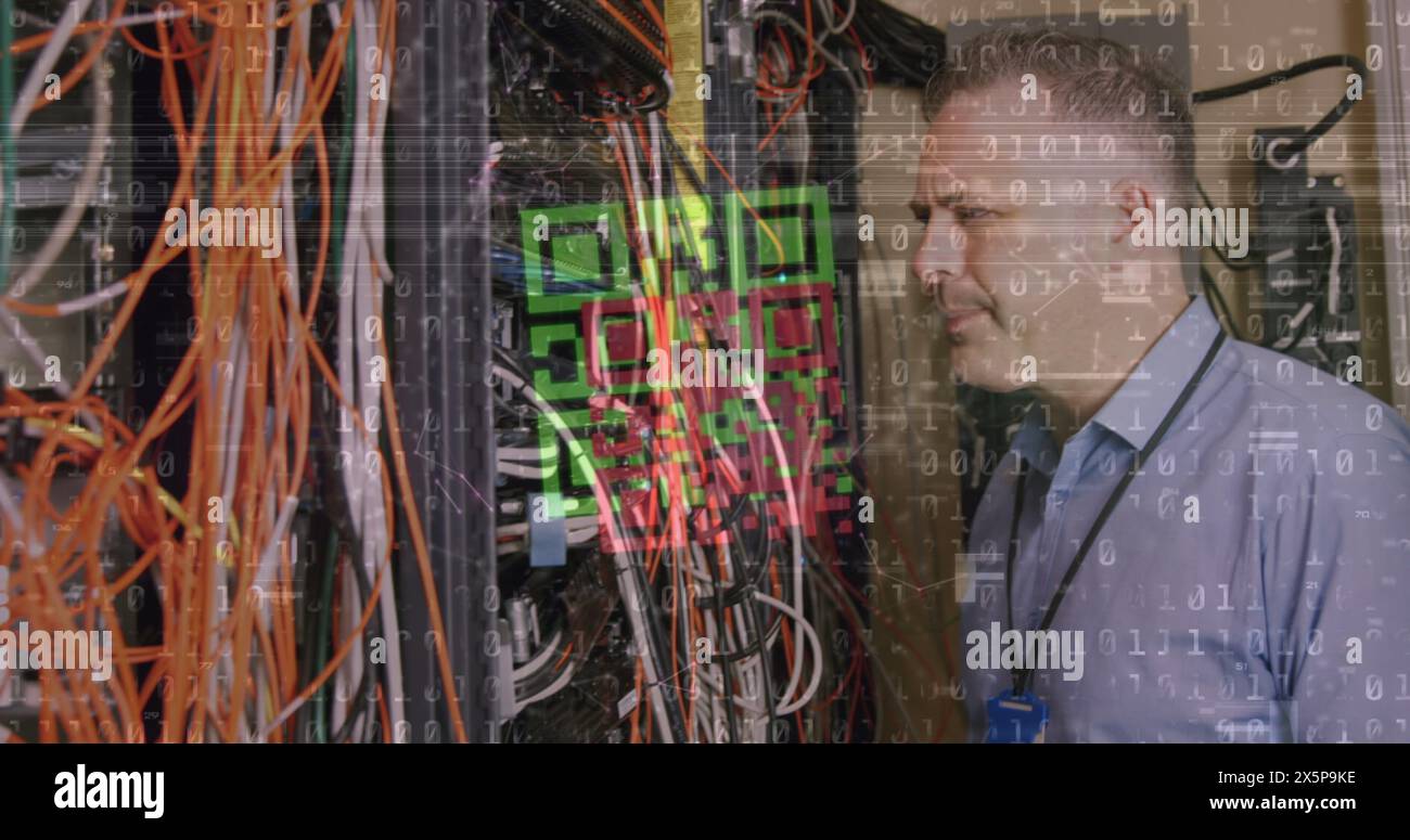 Image Of Data Processing And Qr Code Over Caucasian Man Checking