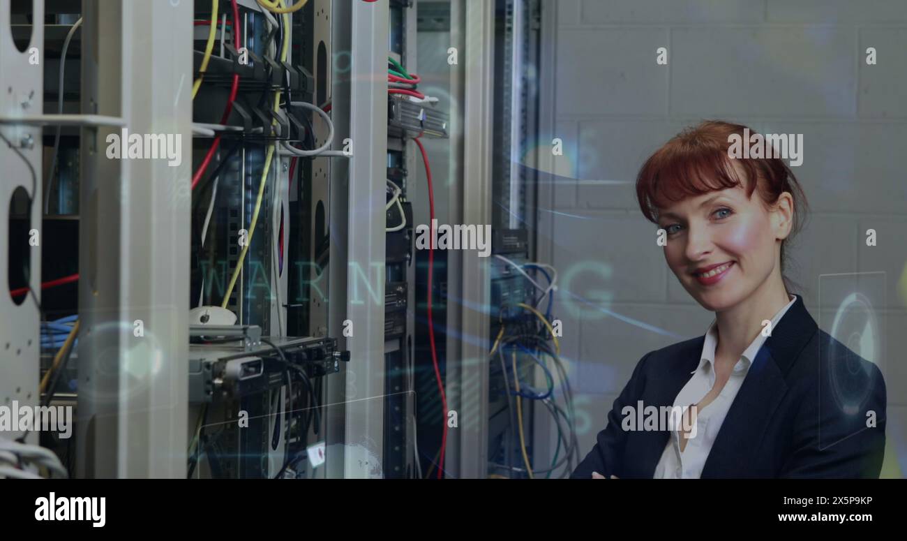 Cyber security data processing over portrait of caucasian female ...