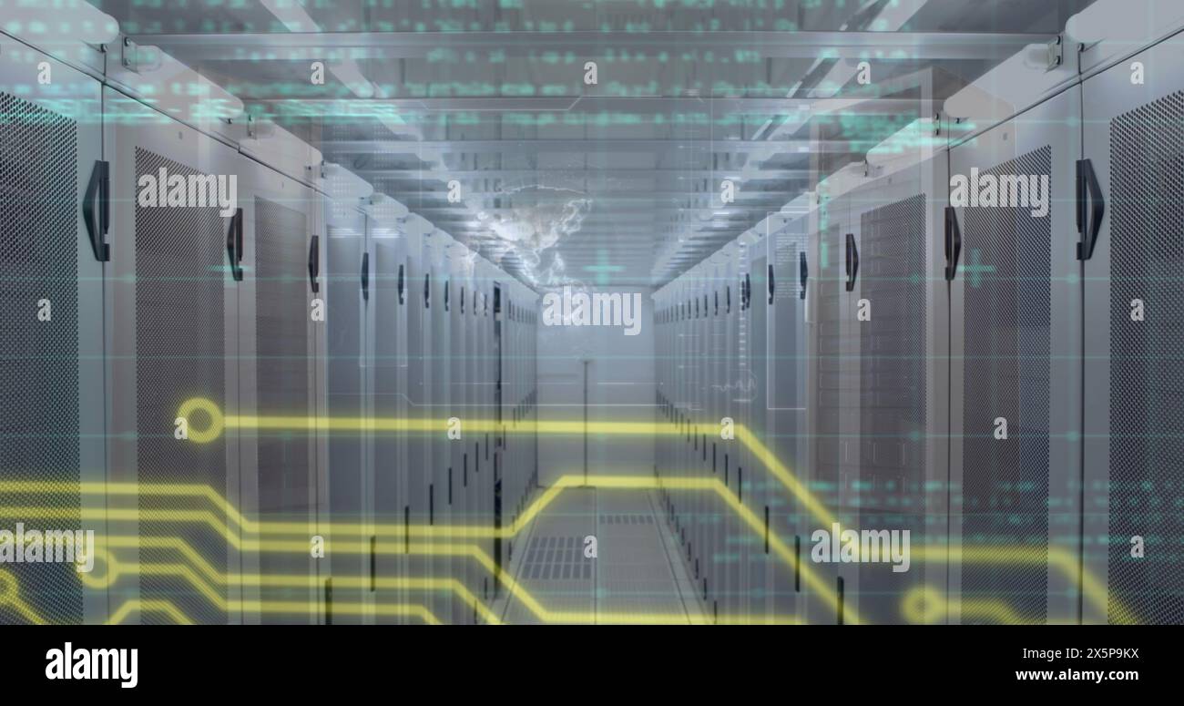 Image of data processing and integrated circuit over server room Stock ...