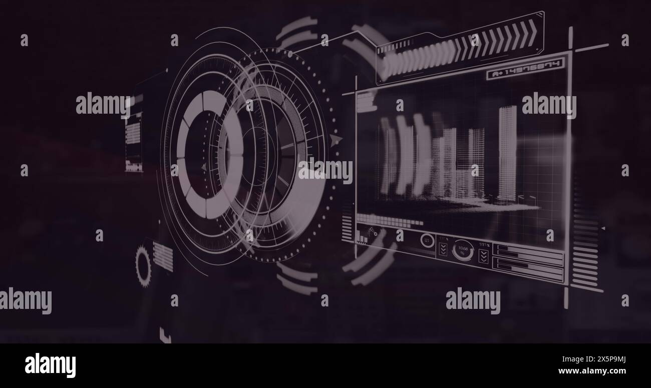 Image of interface with data processing against purple background Stock ...