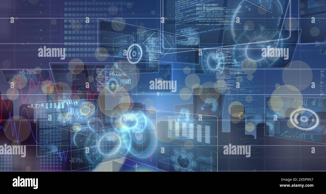 Image of graphs and diverse data processing on navy digital screen with ...