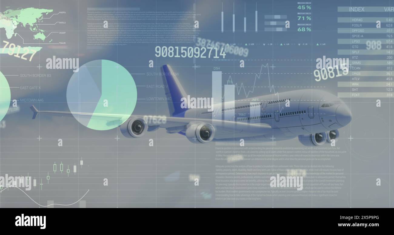 Image of charts, world map and data processing aeroplane flying in blue ...