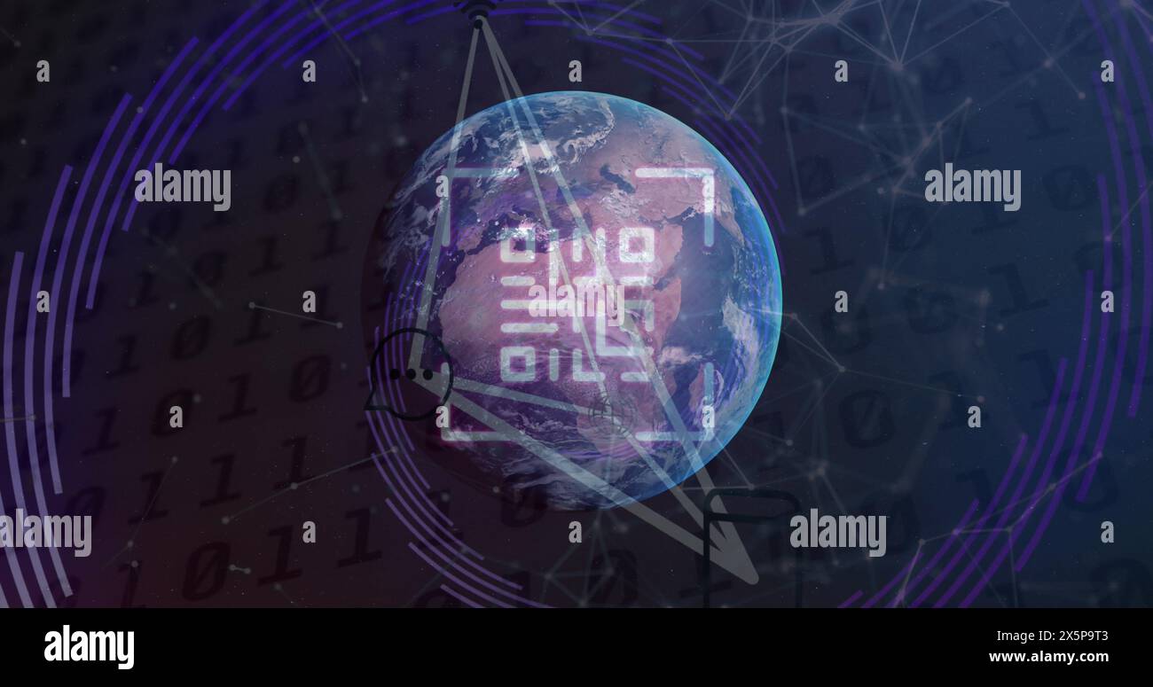 Image of network of connections with qr code and globe on white ...