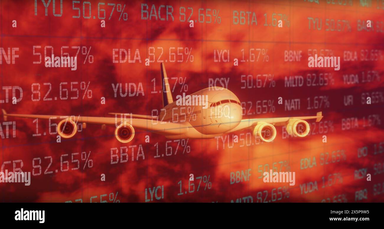Image of aeroplane flying through orange clouds over financial data ...