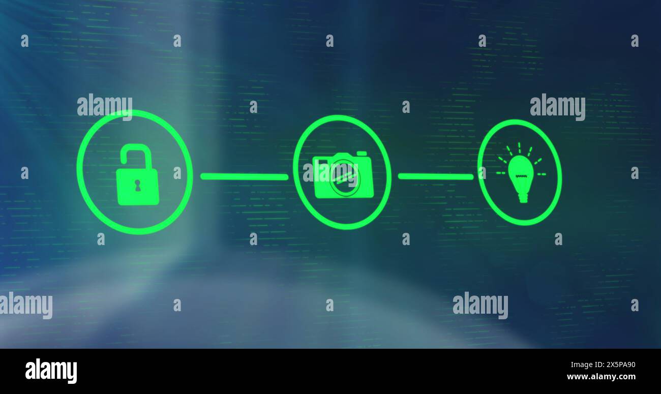 Image of icons connected with lines over multiple infographic interfaces in background Stock ...