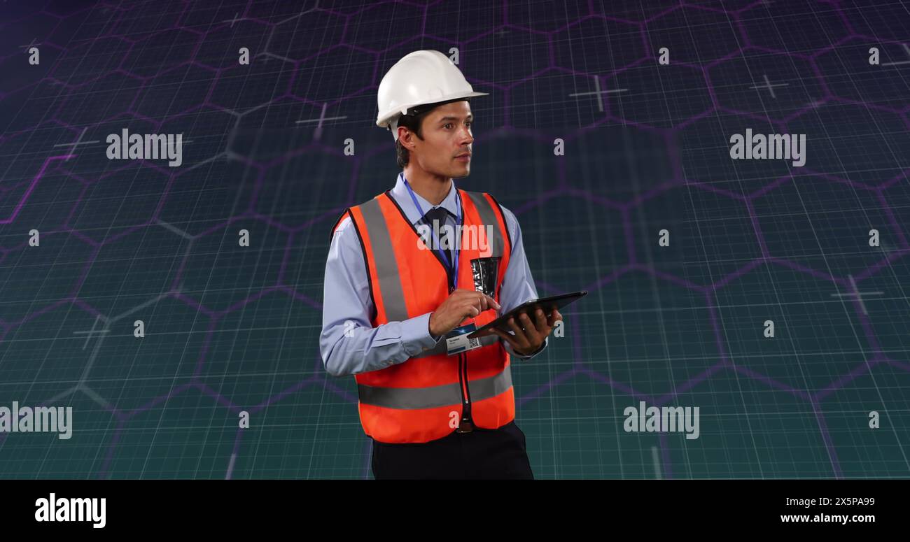 Image of diverse financial data and graphs over caucasian male engineer ...