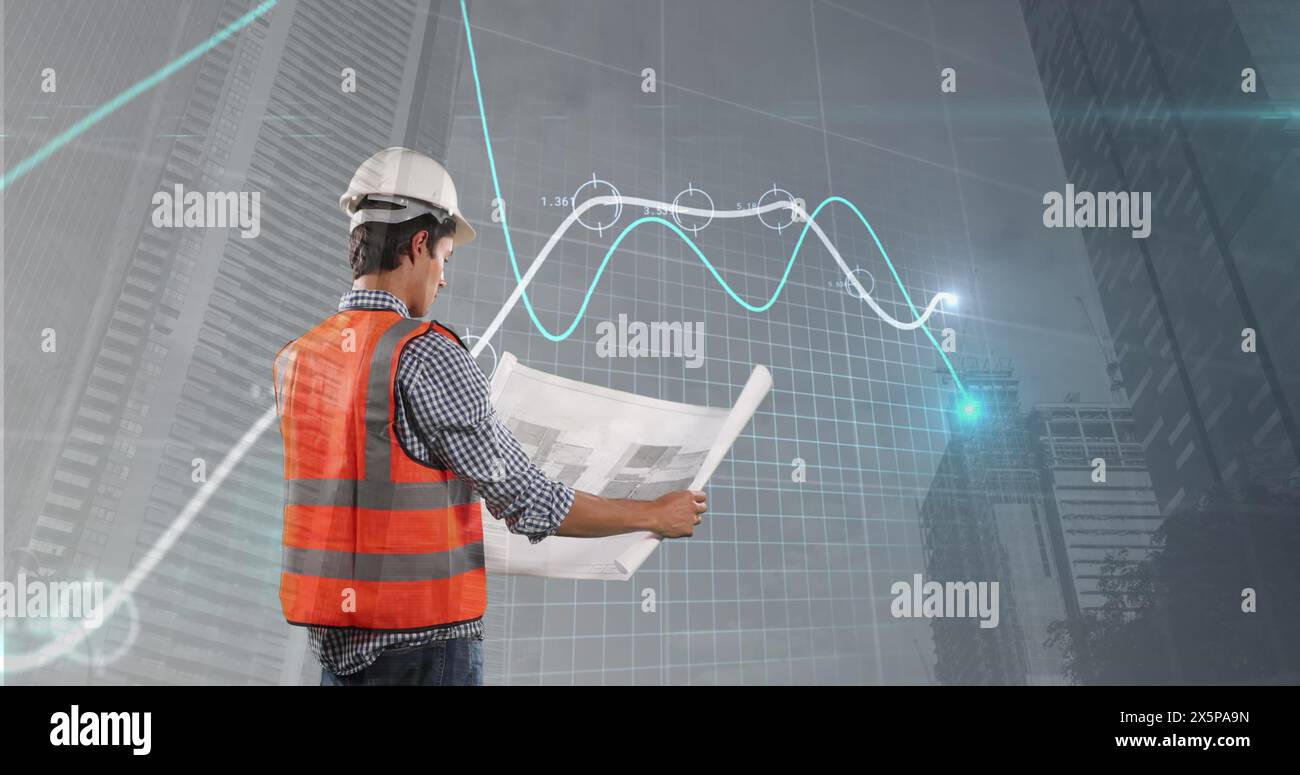 Image of diverse financial data and graphs over back view of caucasian ...
