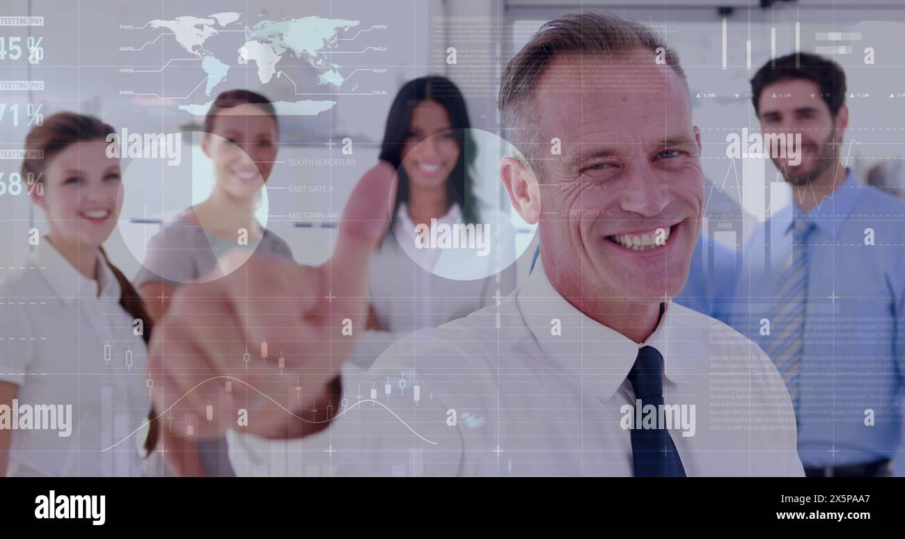 Image of data processing over happy diverse business people Stock Photo ...