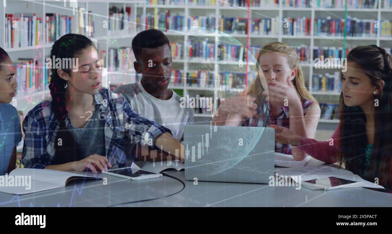 Image of graphs and globe over diverse students discussing project over ...