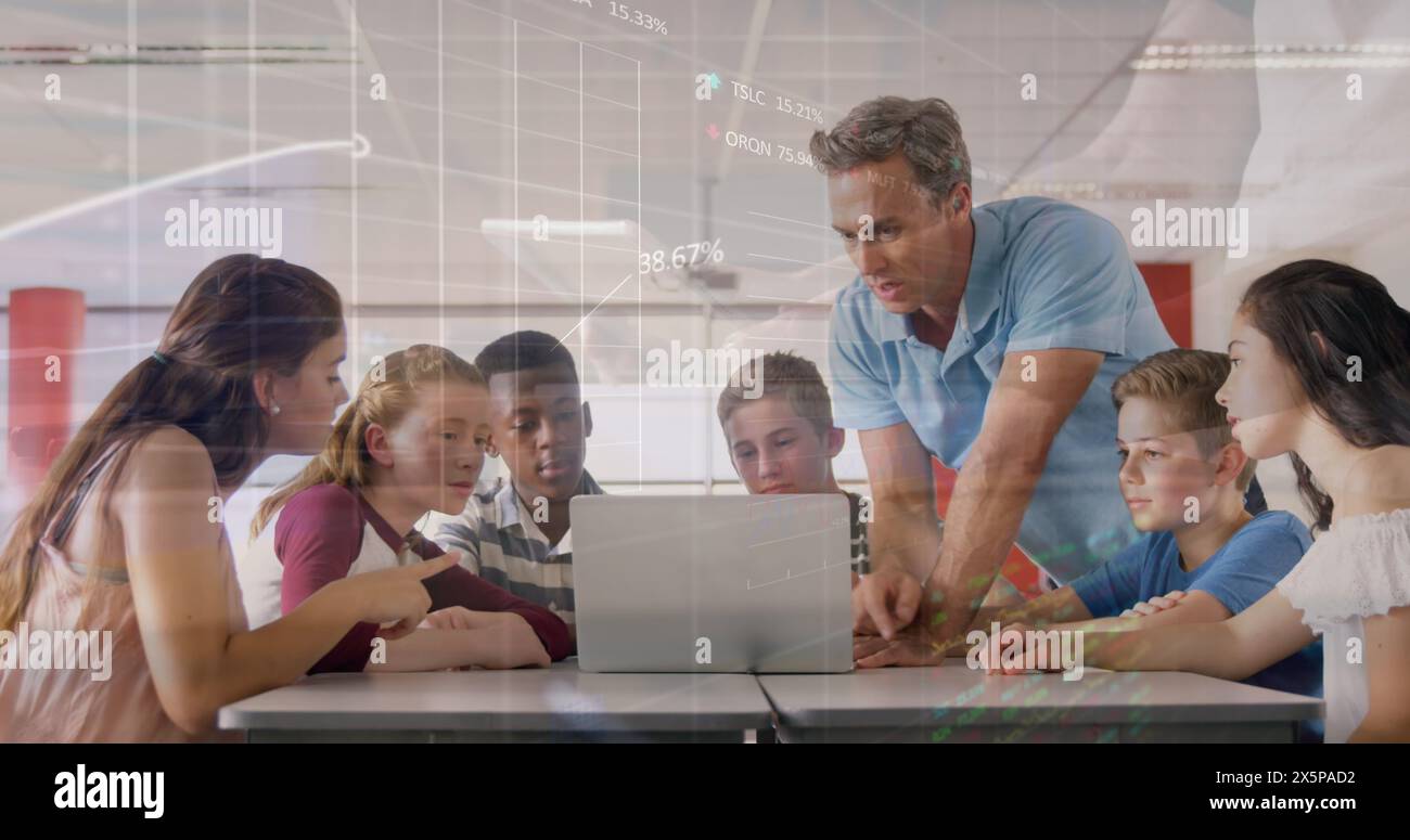 Image of stock market data processing over caucasian male teacher ...