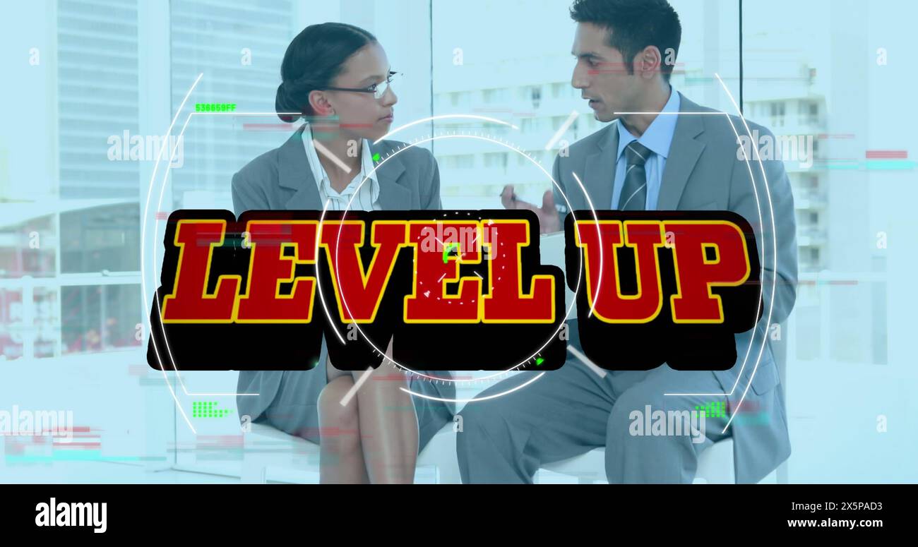 Image of level up text over diverse business people in office Stock ...