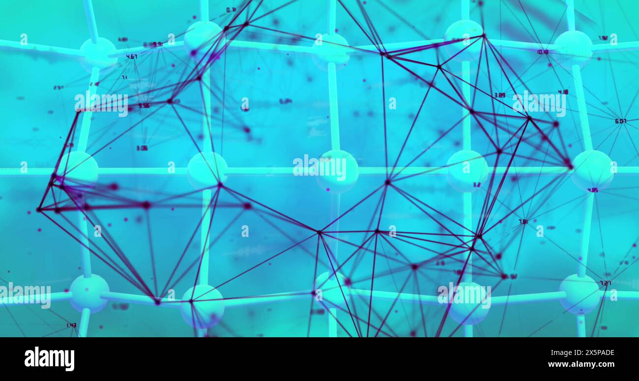 Image of connected dots forming geometric shapes, dna helixes, net ...