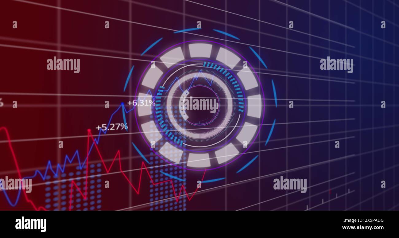 Image of neon round scanner and statistical data processing against purple gradient background ...