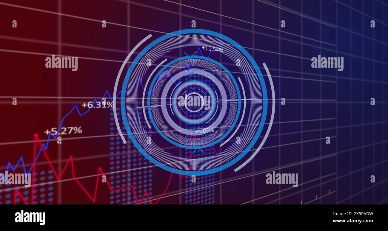 Image Of Neon Round Scanner And Statistical Data Processing Against Purple Gradient Background