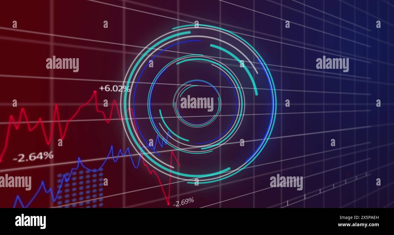 Image of neon round scanner and statistical data processing against purple gradient background ...