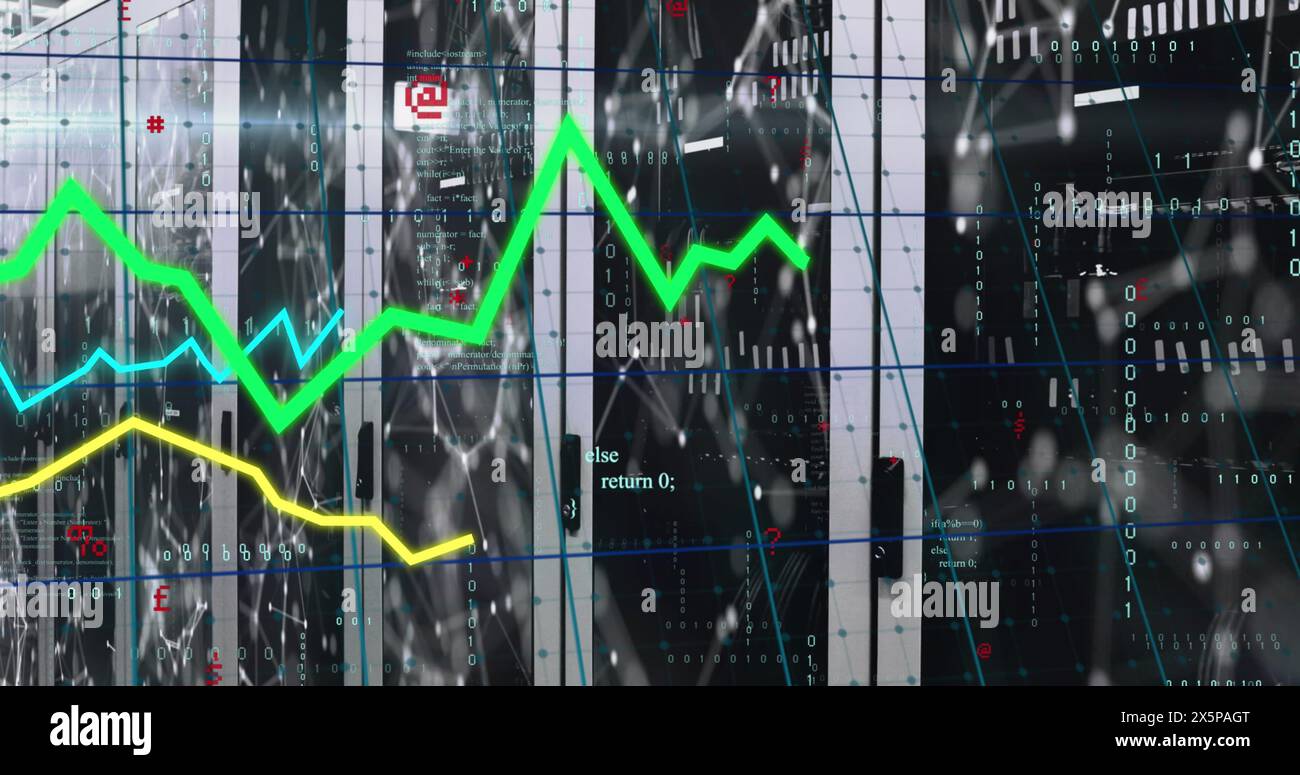 Green, yellow and blue graphs processing data and networks over computer server room Stock Photo ...
