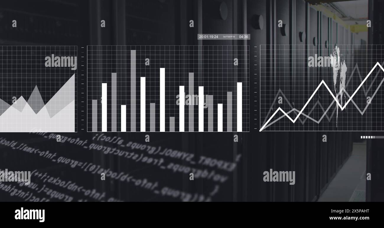 White charts, graphs and processing data over dark computer server room ...