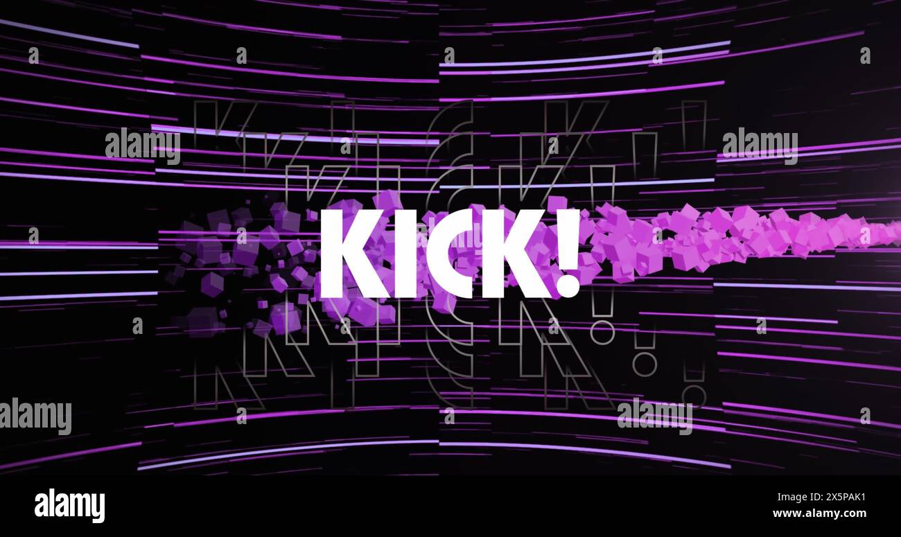 Image of kick text with exclamation over lens flare moving and cubes ...