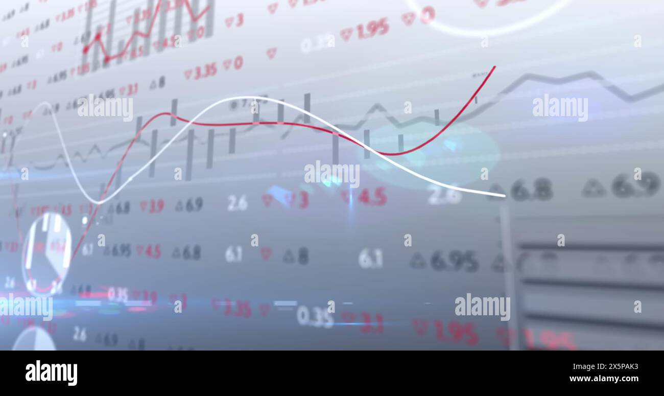 Image of stock market data processing against spots of light on grey ...