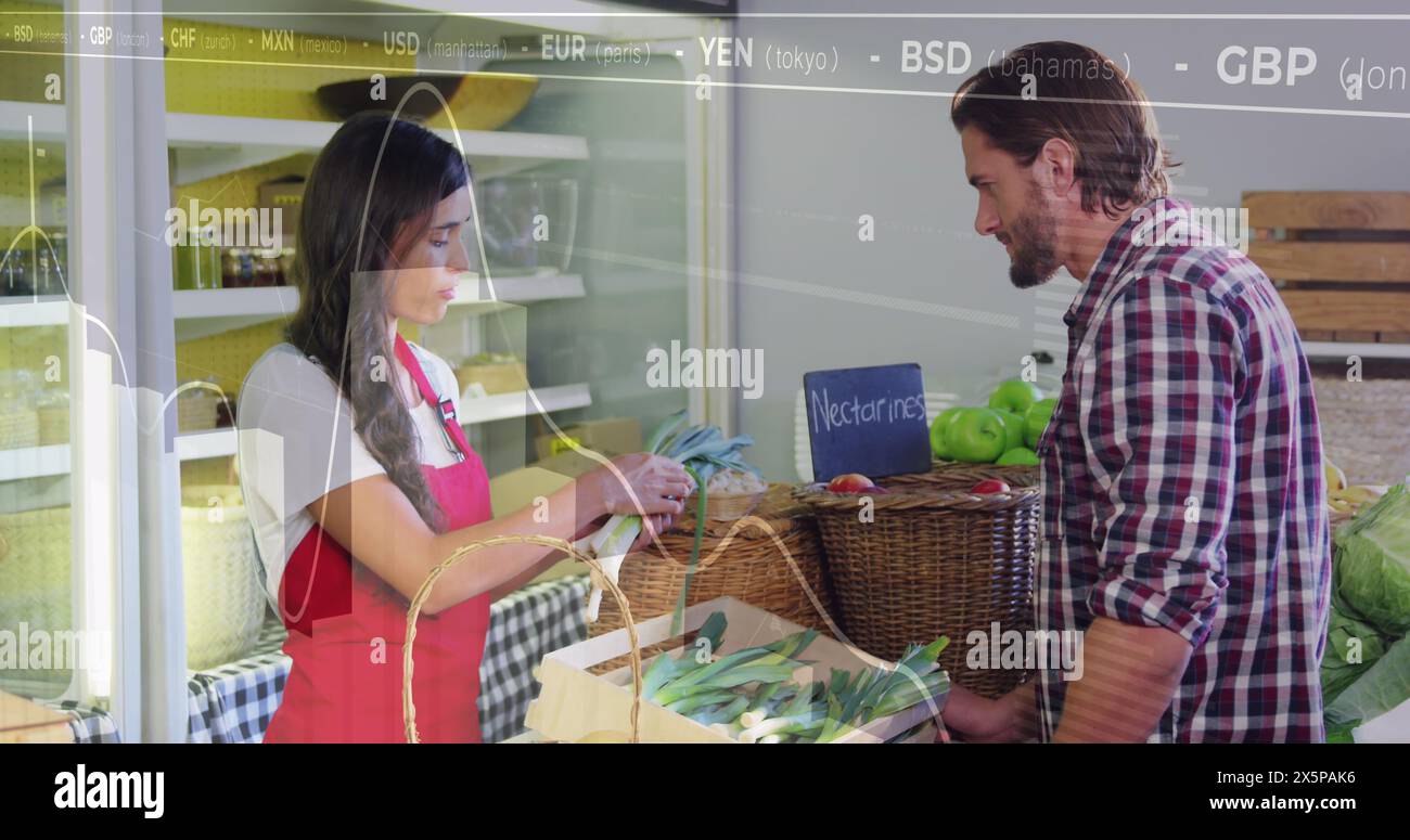 Image of financial data processing over caucasian female shop assistant ...