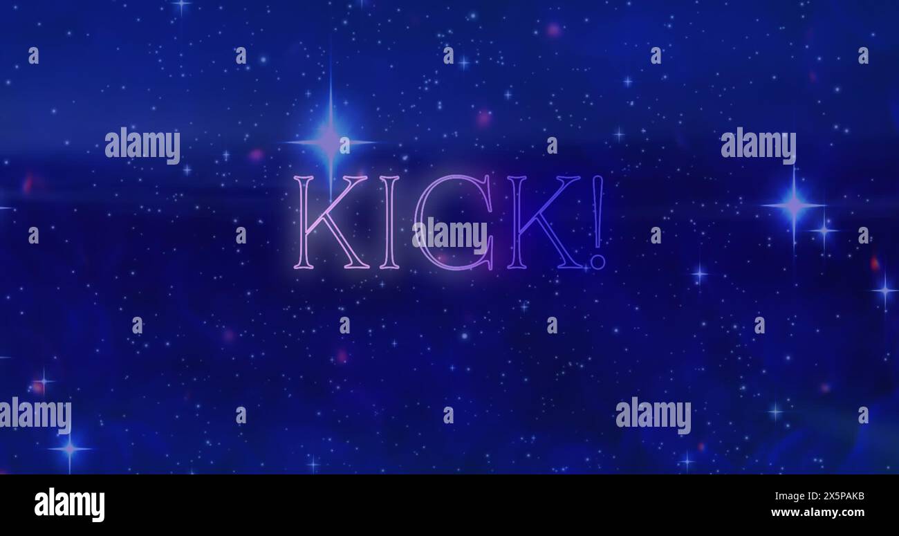 Image of kick text with exclamation over stars and dots against blue ...